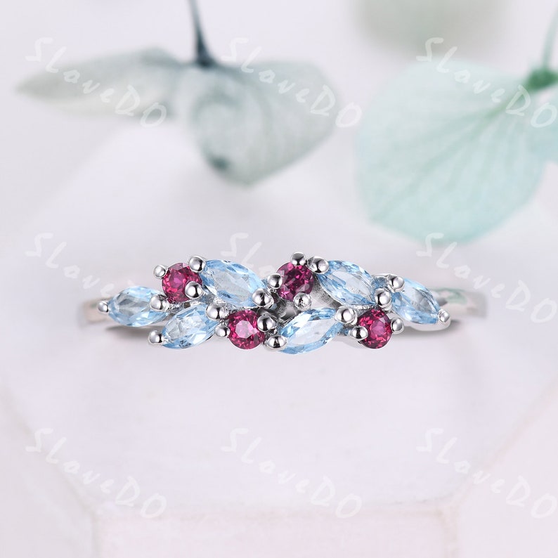 Blue Topaz Ruby Ring: Sterling Silver Cluster Wedding Band - Etsy
