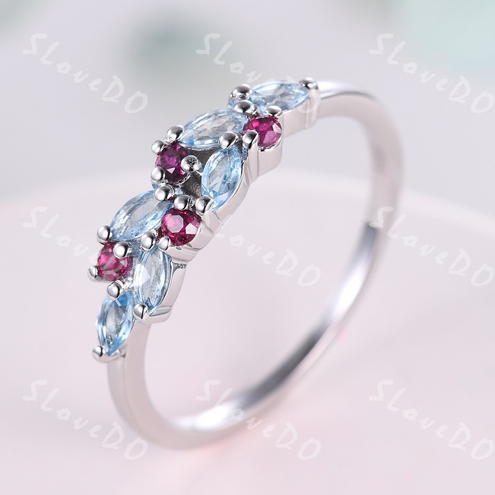 Blue Topaz Ruby Ring: Sterling Silver Cluster Wedding Band - Etsy