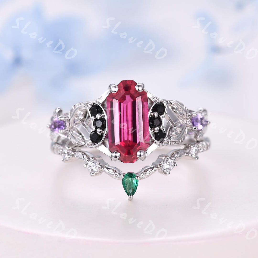 Vintage Emerald Cut Ruby Engagement Ring Set Art Deco Leaf Gemstone ...