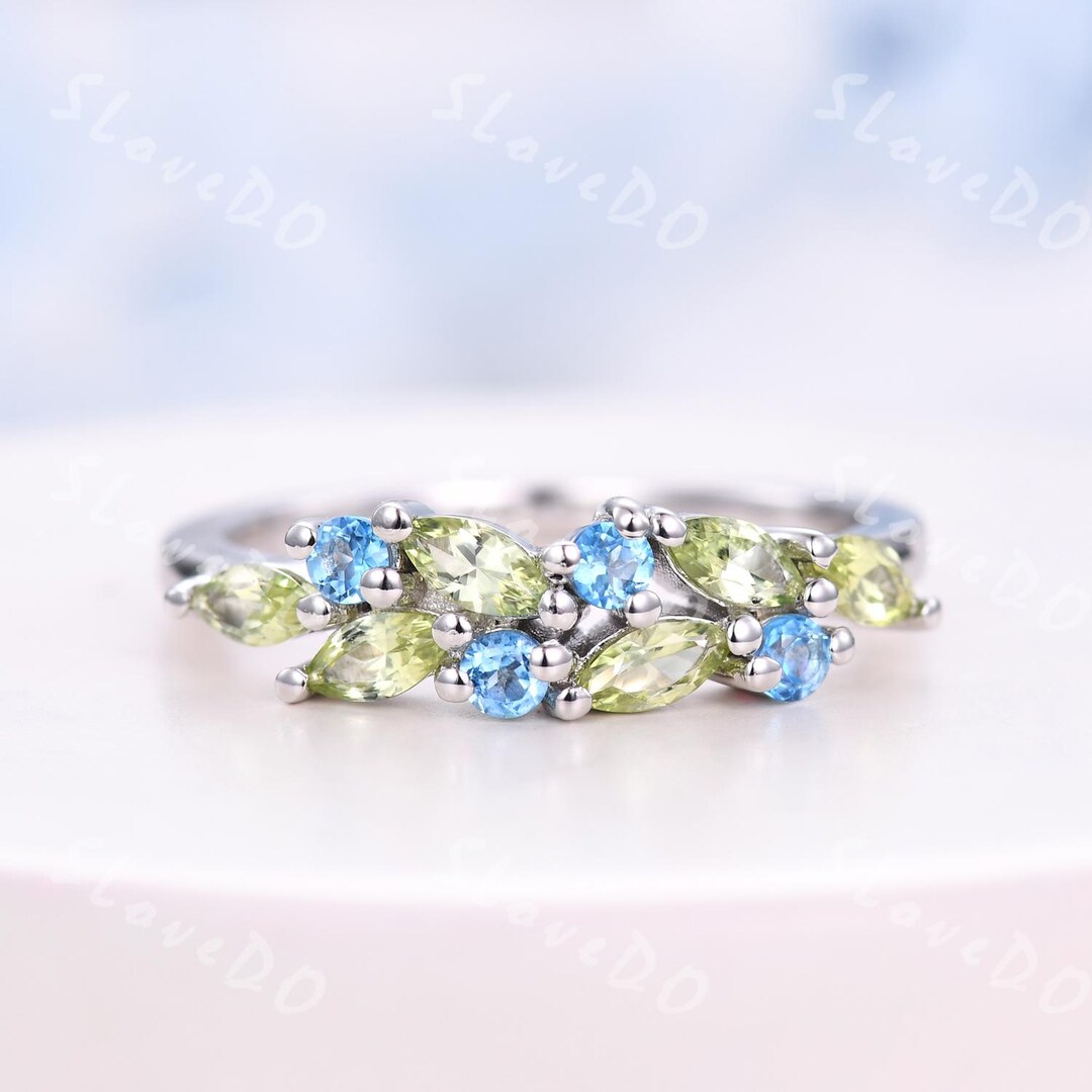 Peridot and Topaz Wedding Band,marquise Peridot Cluster Ring,swiss Blue ...