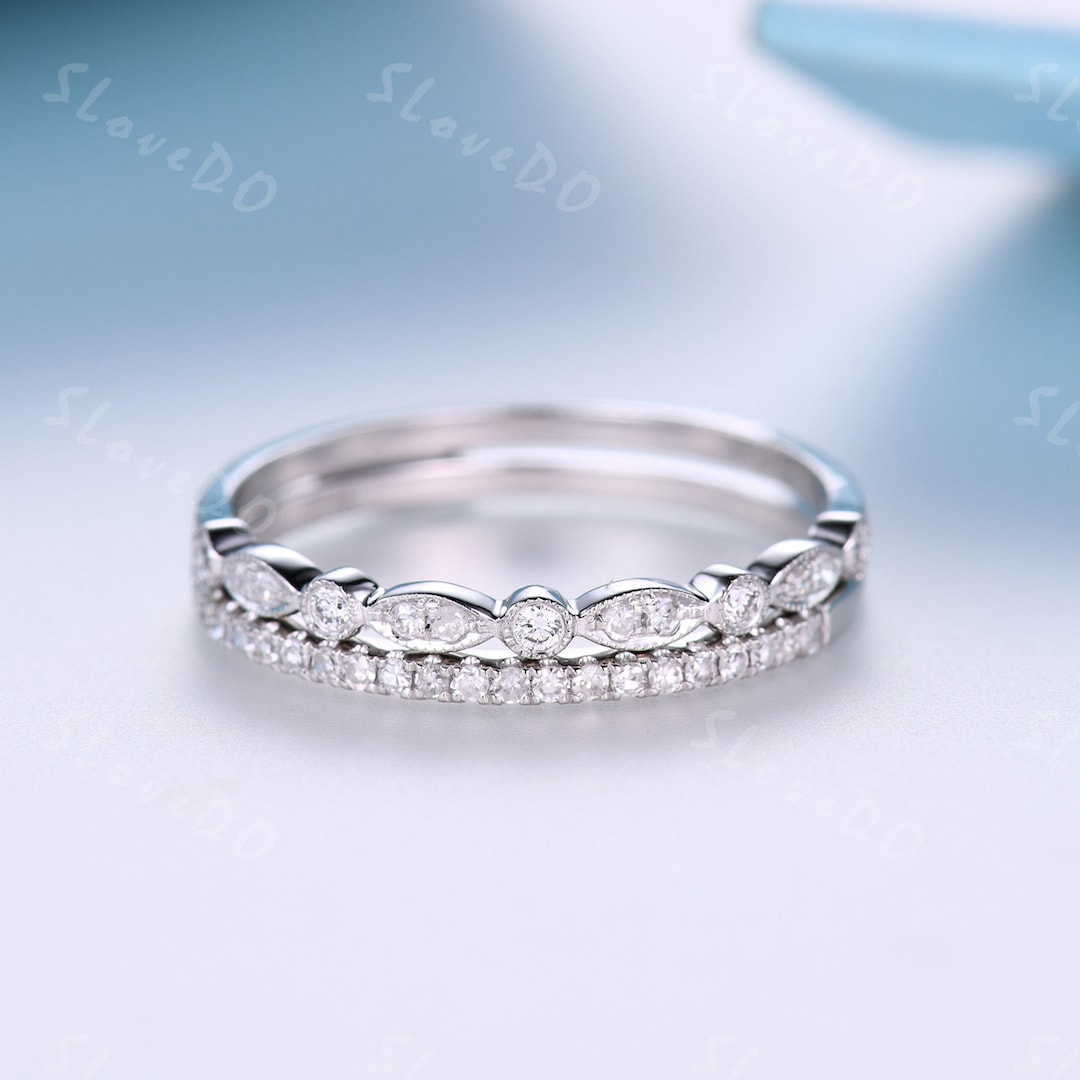 White Gold Diamond Wedding Ring Set: Milgrain Stacking Band - Etsy