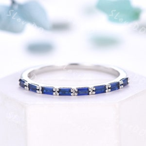 Vintage Blue Sapphire Engagement Ring Unique Baguette Cut Sapphire Wedding Band Stackable White ...