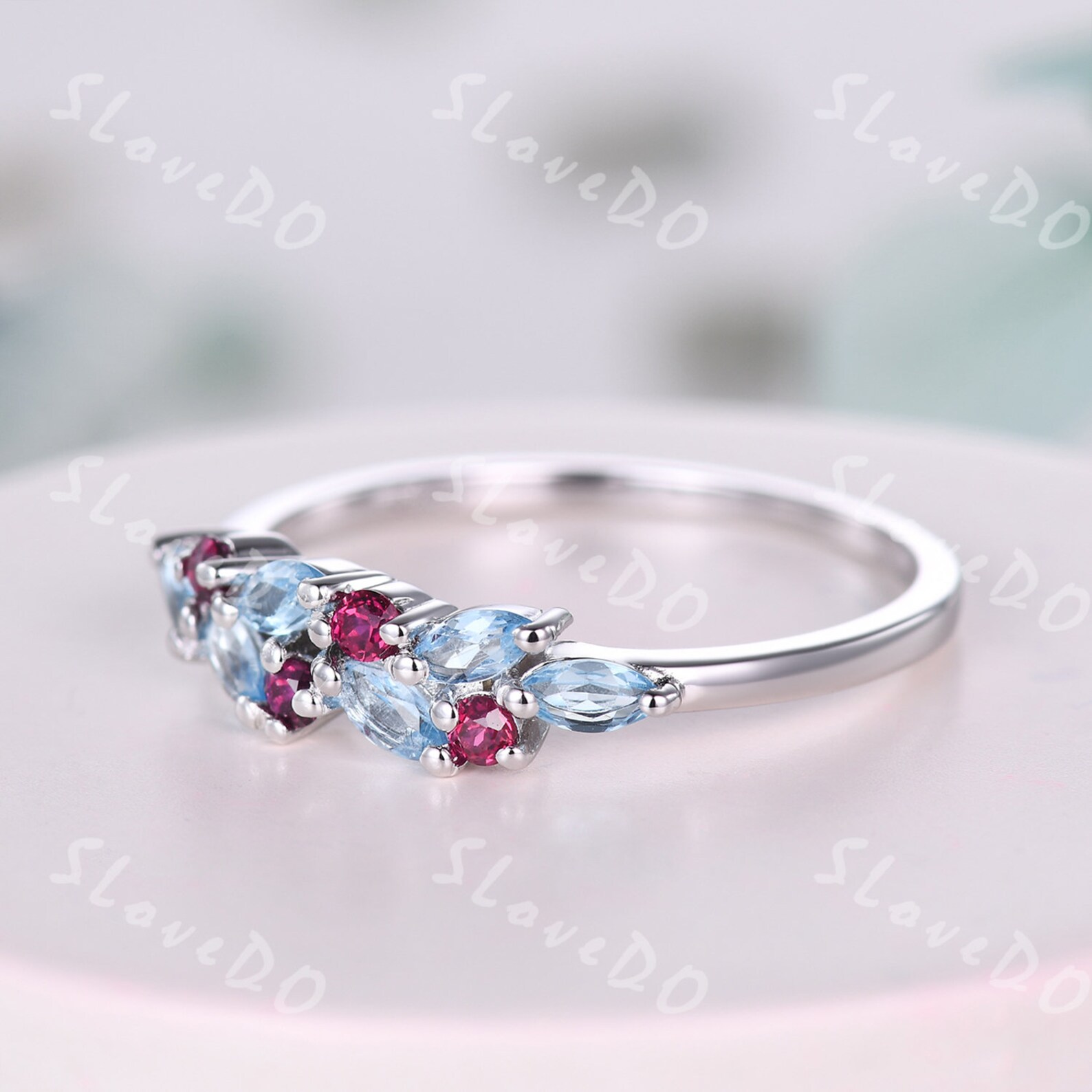 Blue Topaz Ruby Ring: Sterling Silver Cluster Wedding Band - Etsy