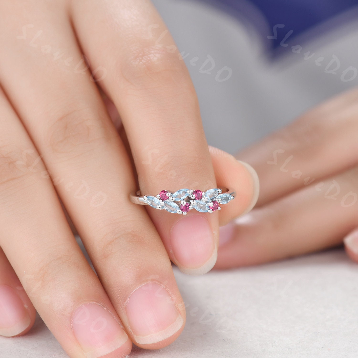Blue Topaz Ruby Ring: Sterling Silver Cluster Wedding Band - Etsy