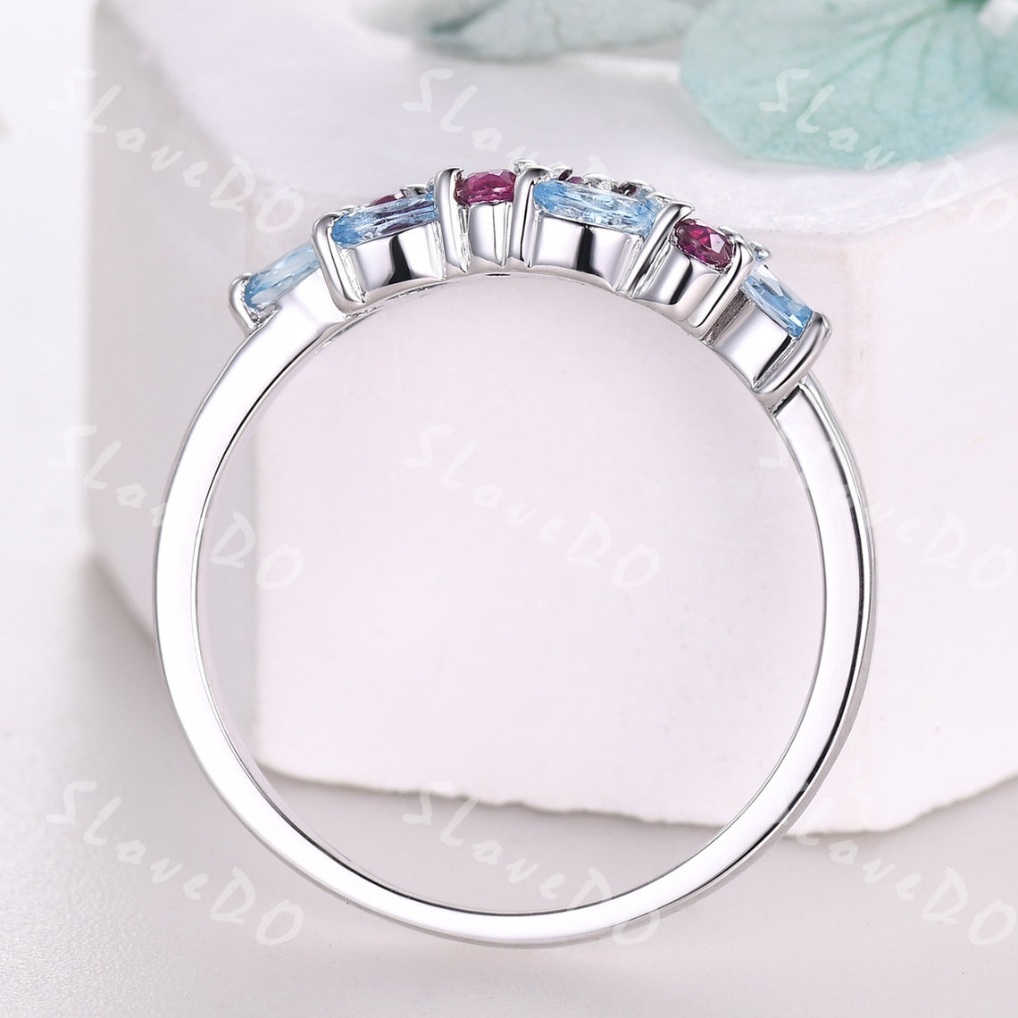 Blue Topaz Ruby Ring: Sterling Silver Cluster Wedding Band - Etsy