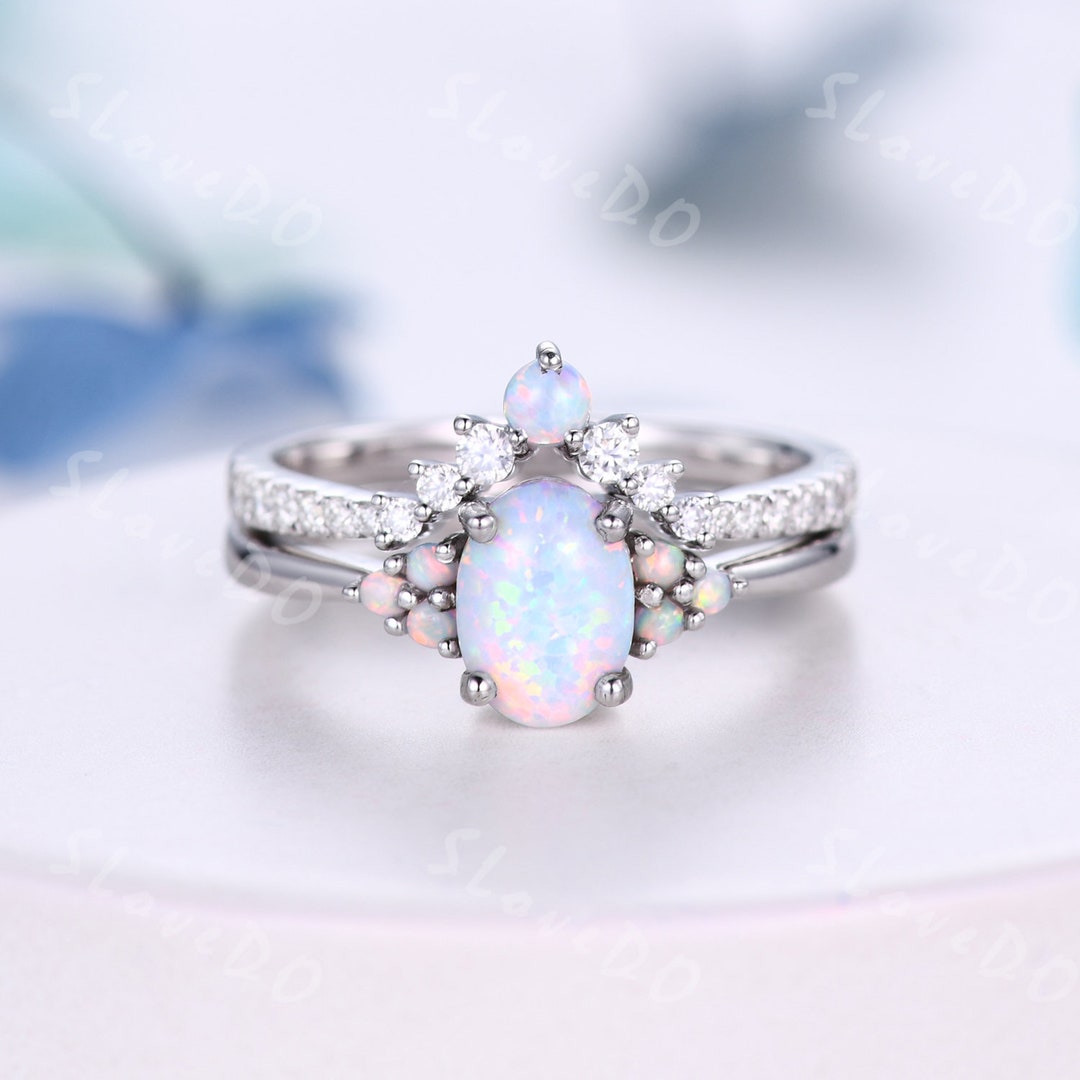 Opal Ring,opal Wedding Ring,white Fire Opal Engagement Ring Set,oval ...