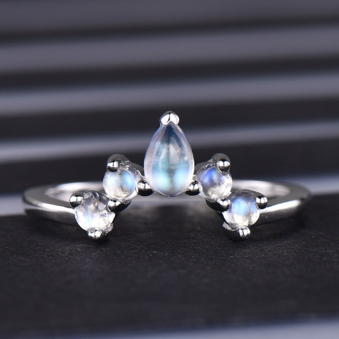 14K White Gold Moonstone Ring Set: Pear Cut Stacking Band - Etsy