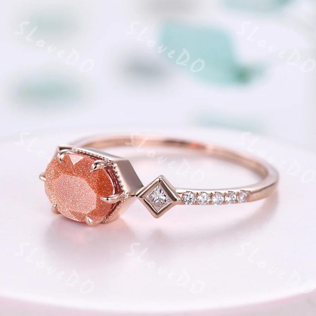 Oval Golden Sandstone Ring: Diamond Band, Sterling Silver, Handmade ...