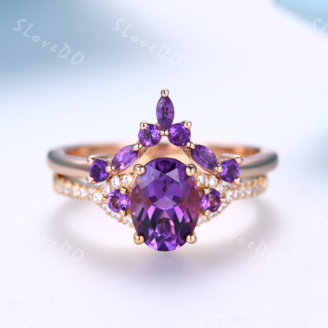 Oval Amethyst Engagement Ring Set: Diamond Wedding Band, February ...
