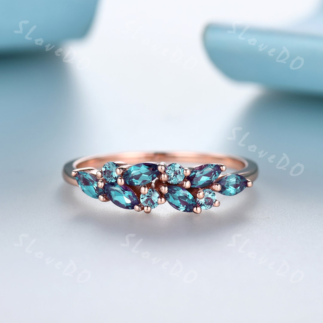 Marquise Alexandrite Cluster Ring: Color Changing June Birthstone ...
