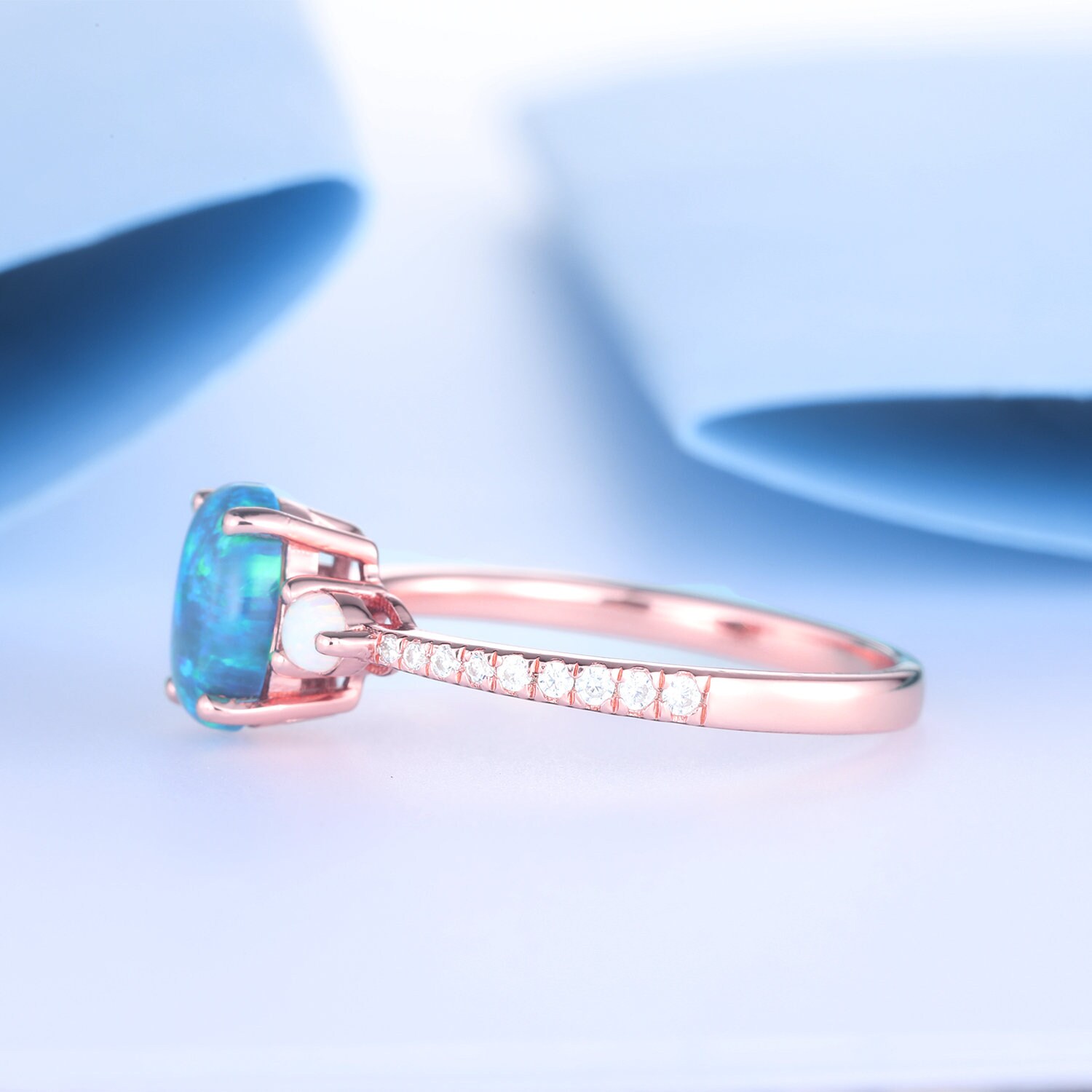 Opal Ring Blue Opal Engagement Ring 14K Rose Gold Ring | Etsy