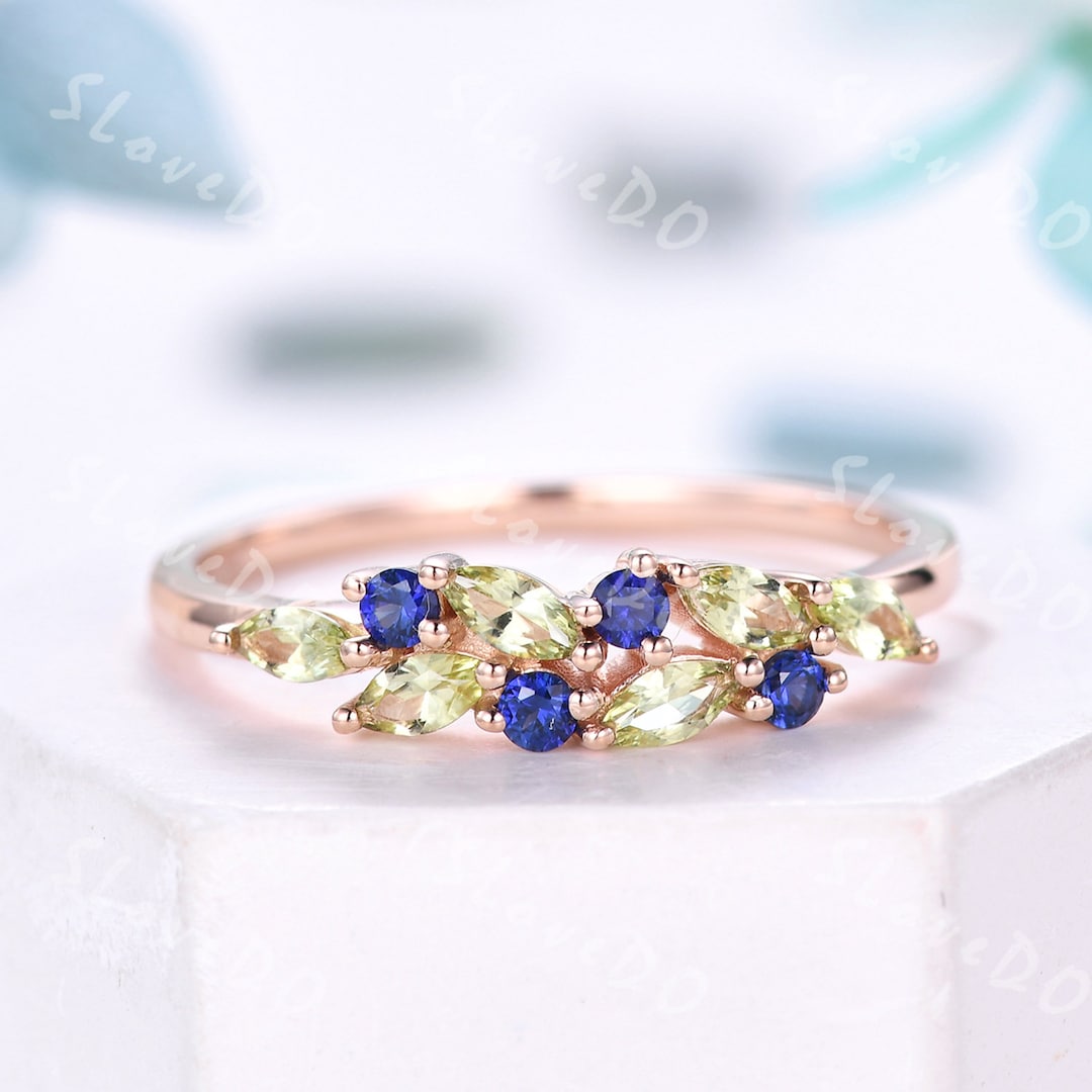 Cluster Peridot Sapphire Wedding Band,solid Rose Gold Ring,marquise ...