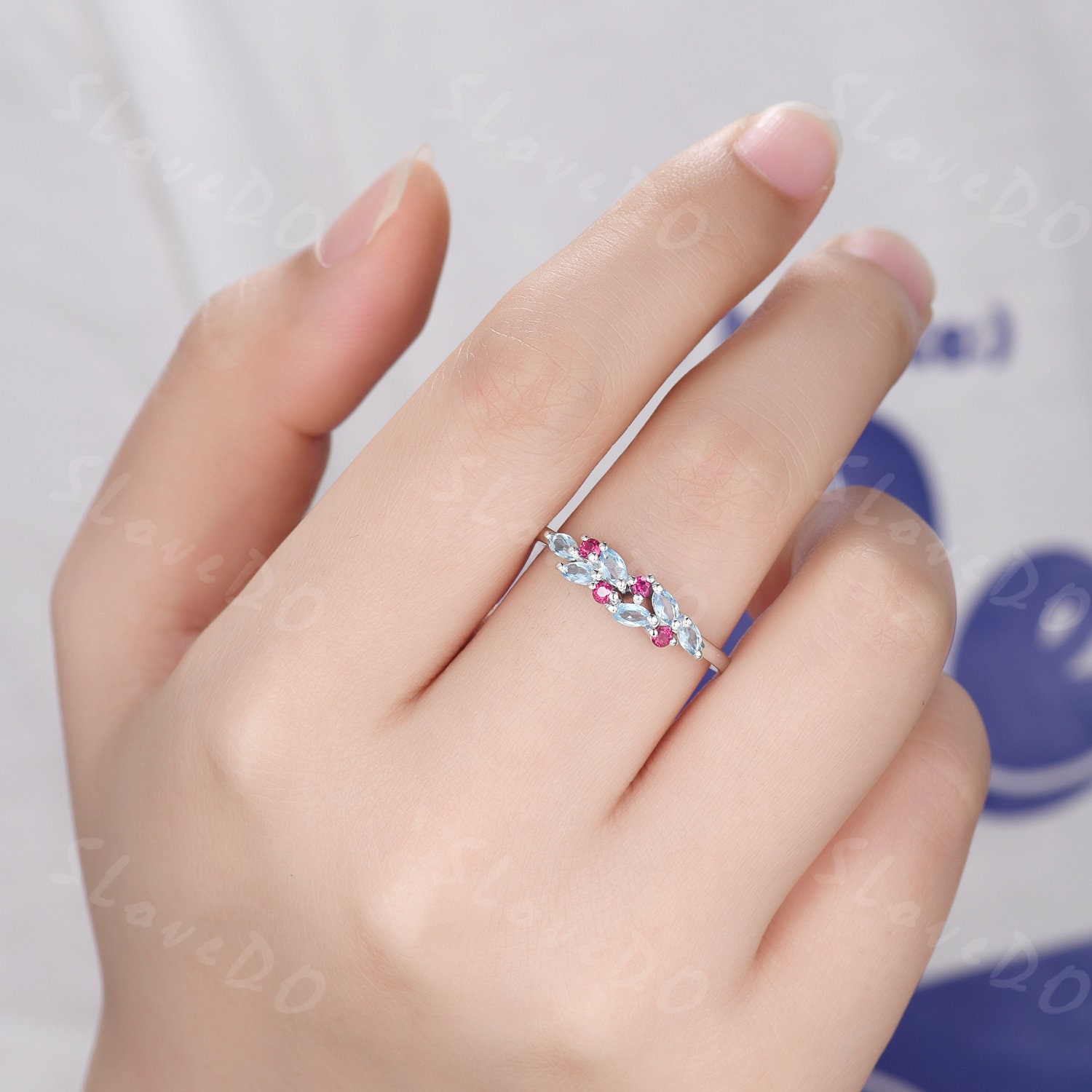 Blue Topaz Ruby Ring: Sterling Silver Cluster Wedding Band - Etsy