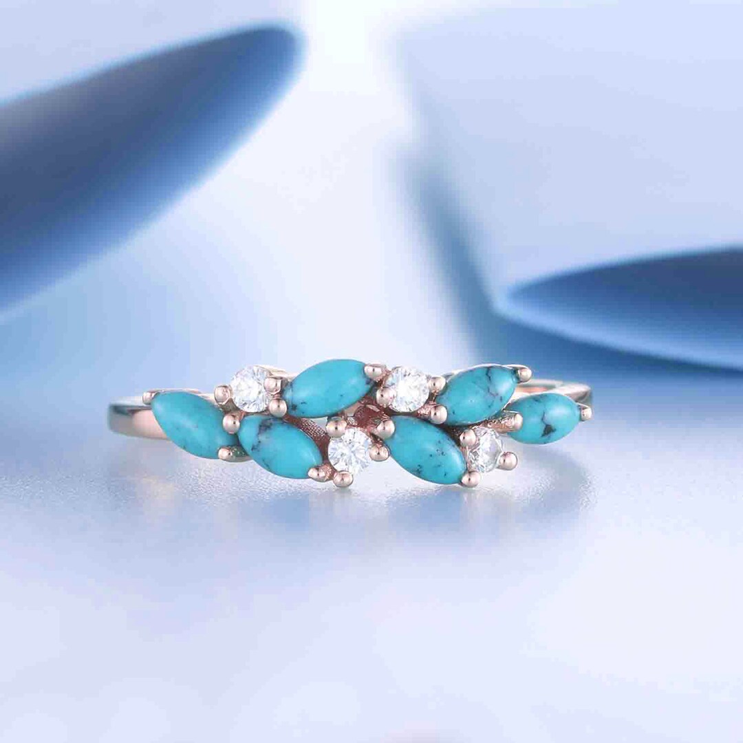 Vintage Turquoise Ring, Rose Gold Wedding Ring, Unique Marquise Cluster ...