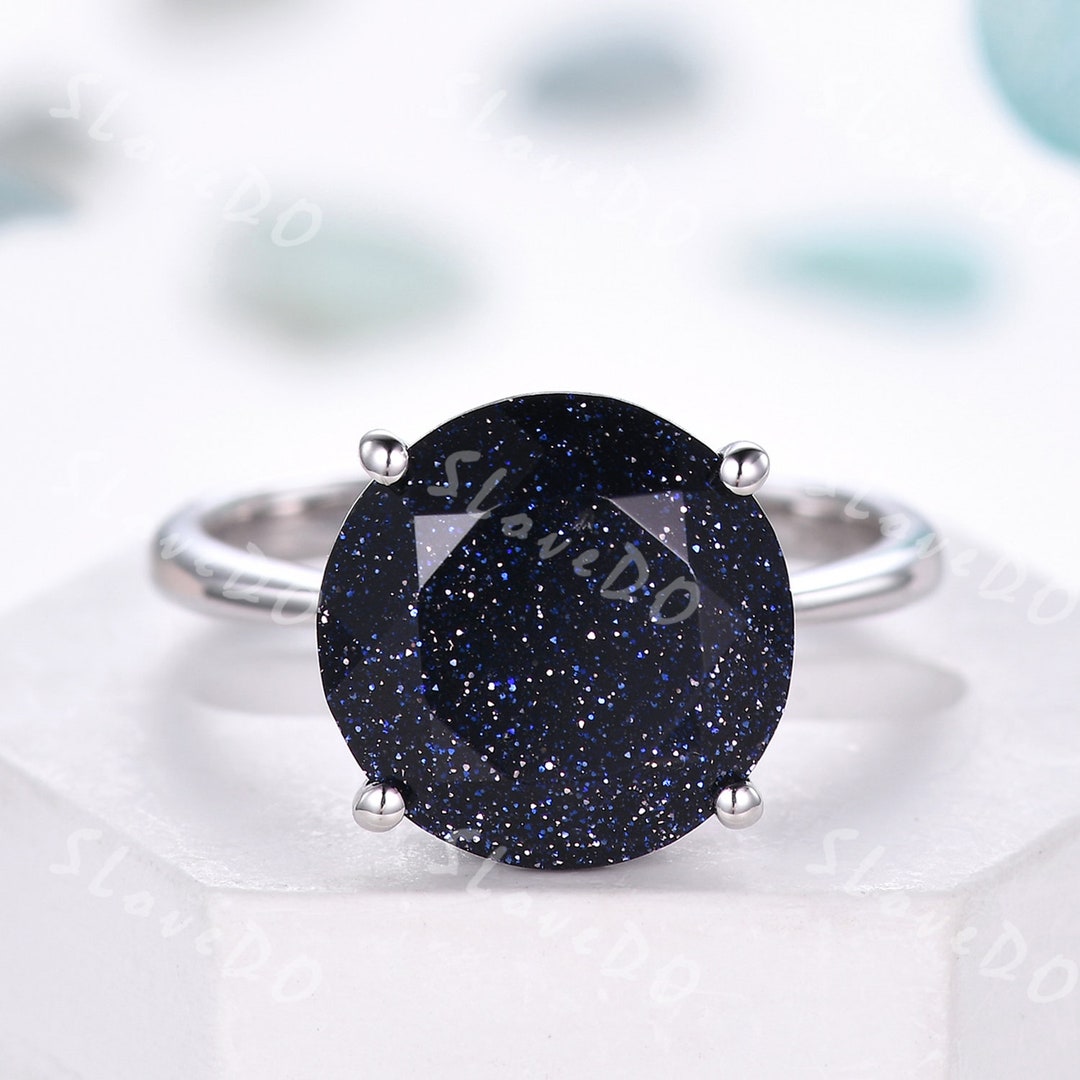 Starry Sky Ring,round Shaped Blue Sandstone Engagement Ring,simple Solitaire Wedding Band,galaxy ...