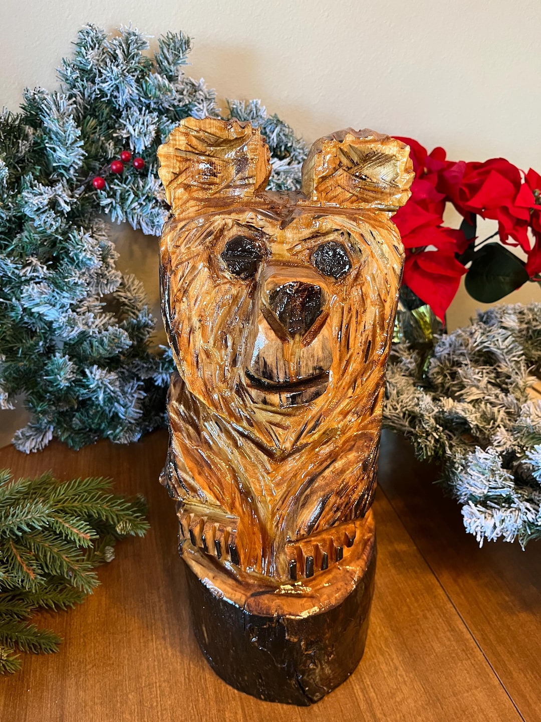 Grizzly Bear in Log Chainsaw Carving / 18" Tall / Rustic Mountain Cabin ...