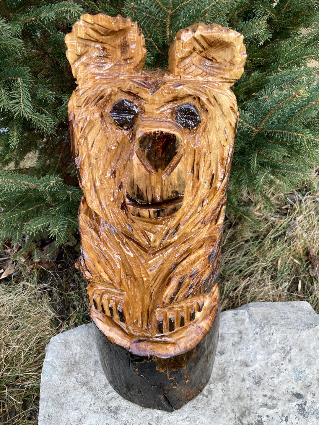 Grizzly Bear in Log Chainsaw Carving / 18 Tall / Rustic Mountain Cabin ...