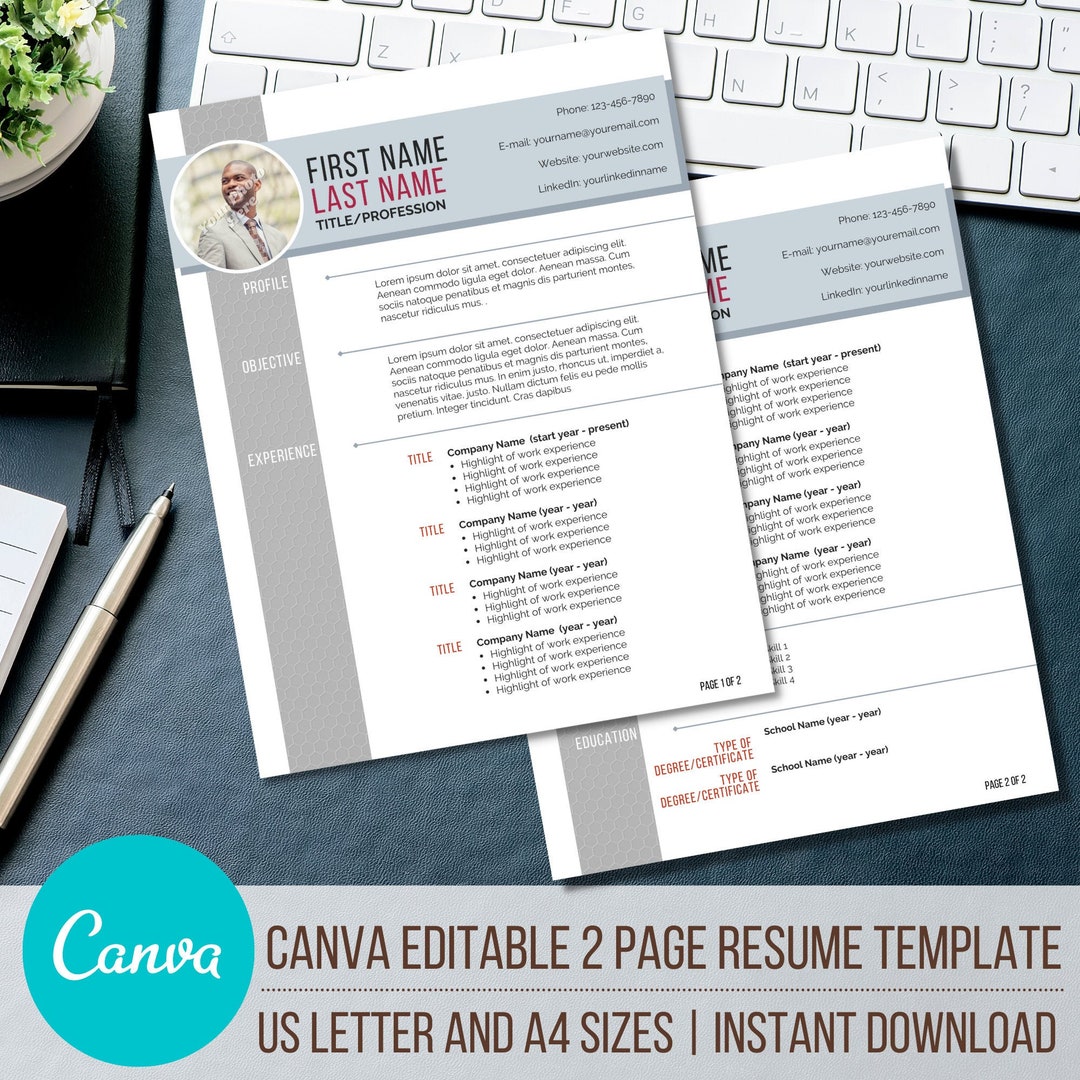 Resume Template With Photo, 2 Page CV Template, Printable and Editable ...