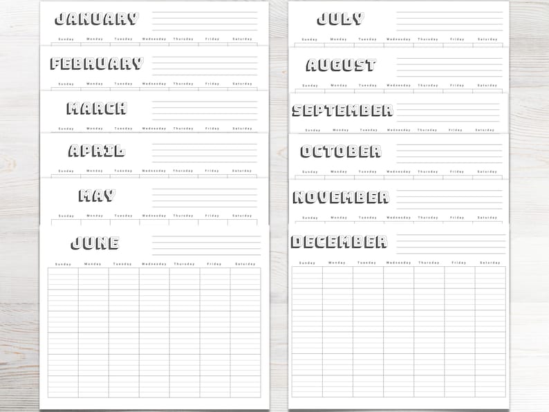 Monthly Blank Calendar - Sunday Start, Printable Calendar Pages, 12 ...