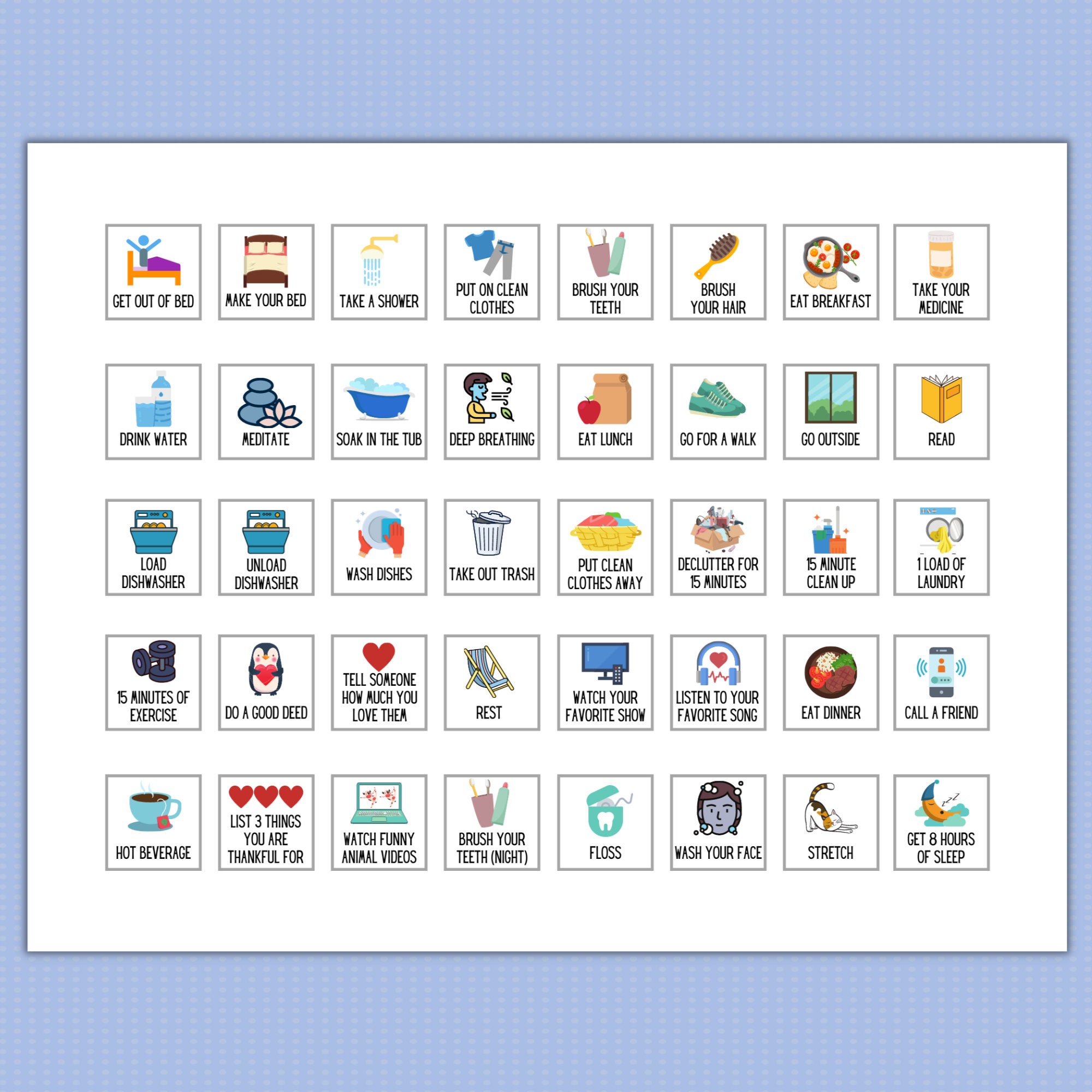 Self Care Chart, Printable Daily Checklist and Task Tiles, Goal Planner ...