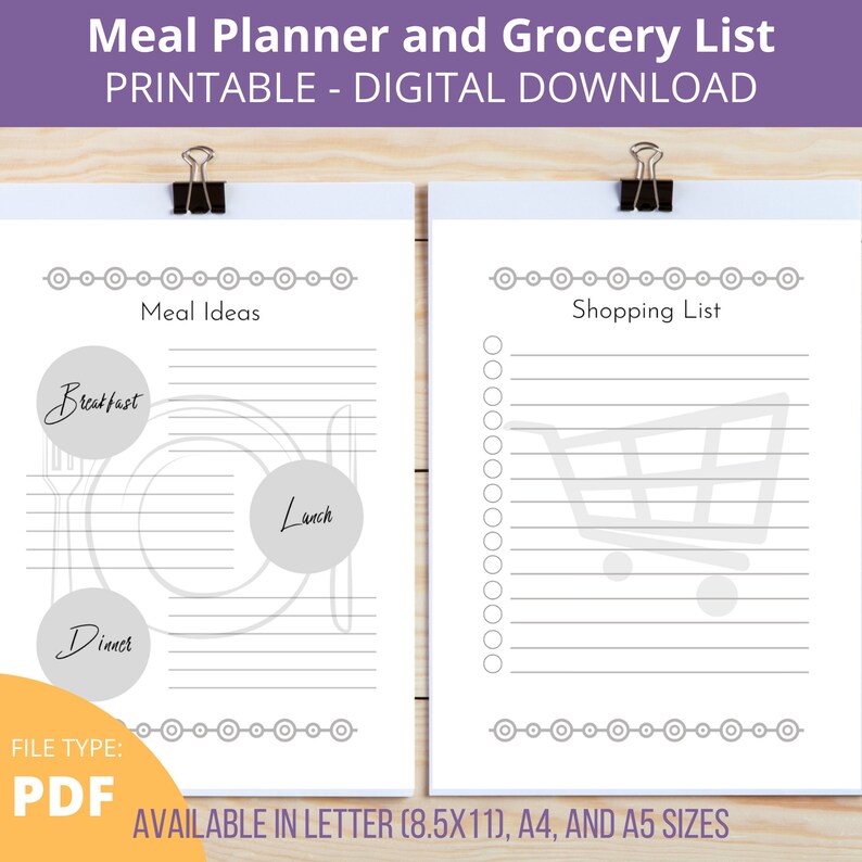 Meal Planner Printable and Grocery List Printable | Instant DIGITAL ...