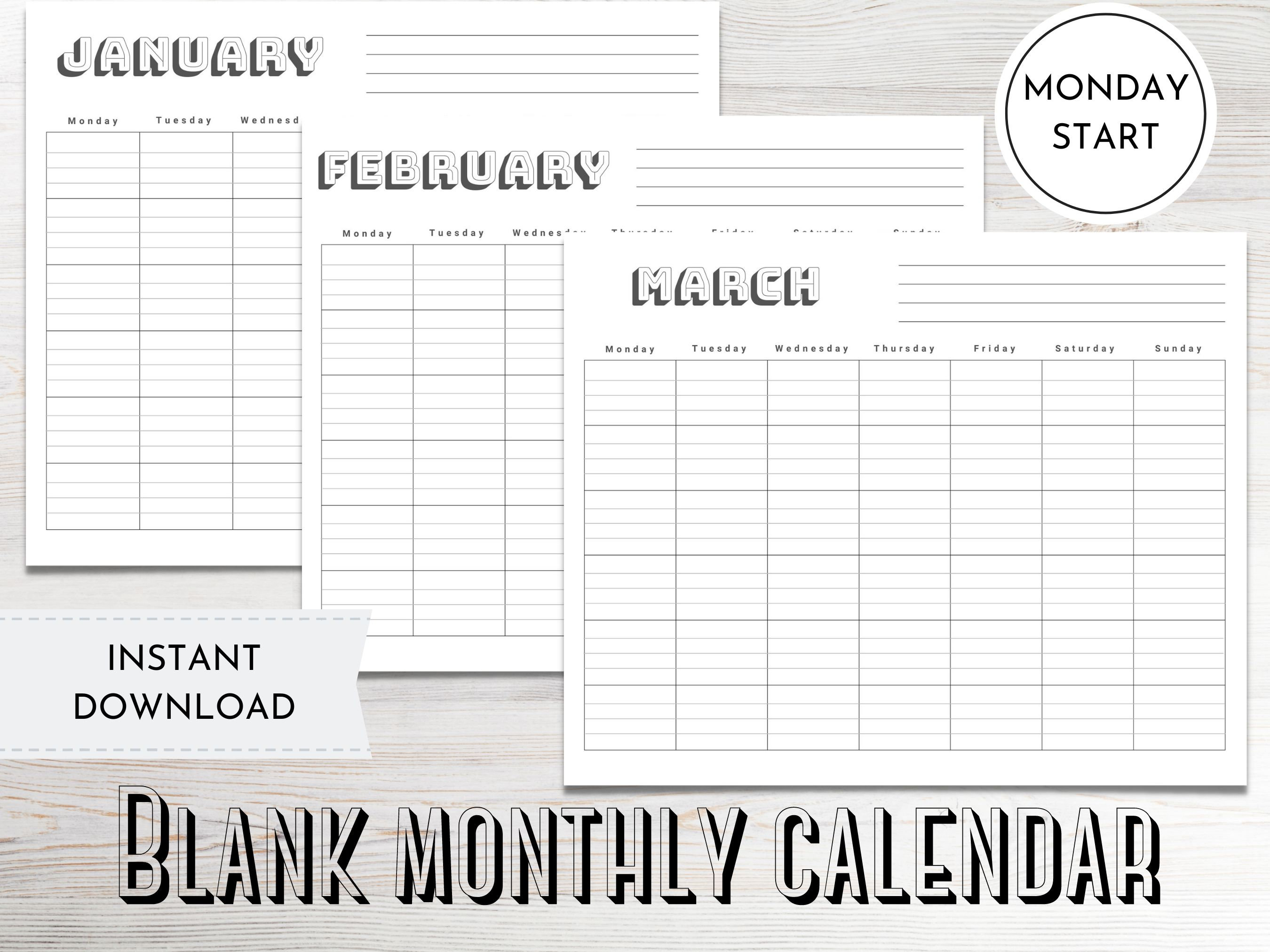 Monthly Blank Calendar - Monday Start, Printable Calendar Pages, 12 ...