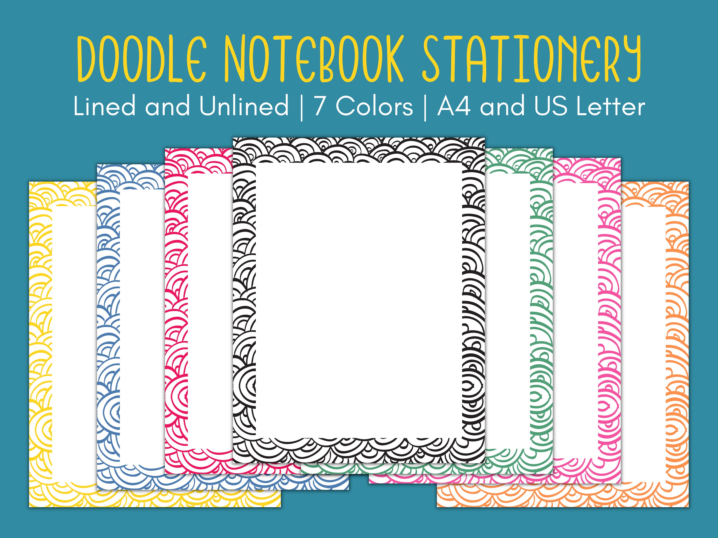 Printable Writing Paper, Doodle Border Notepaper, 7 Color Options, US ...