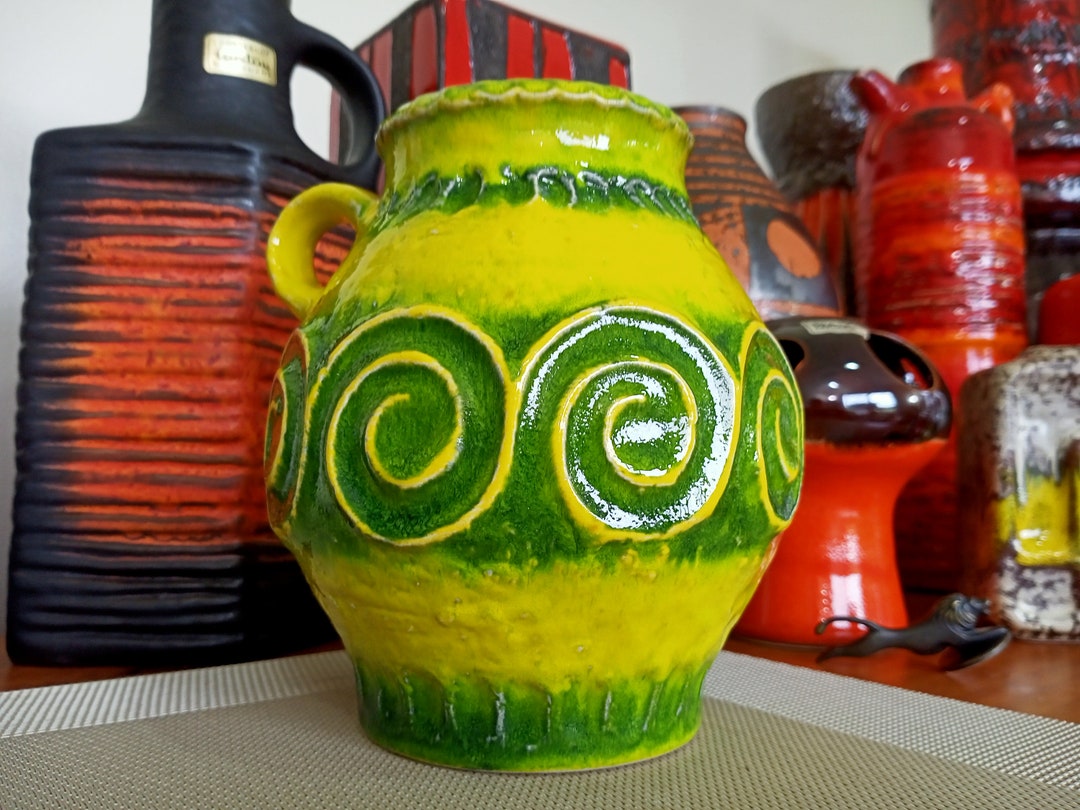 A Vintage 1960's Yellow Vase, West German Pottery by Jasba, Fat Lava ...