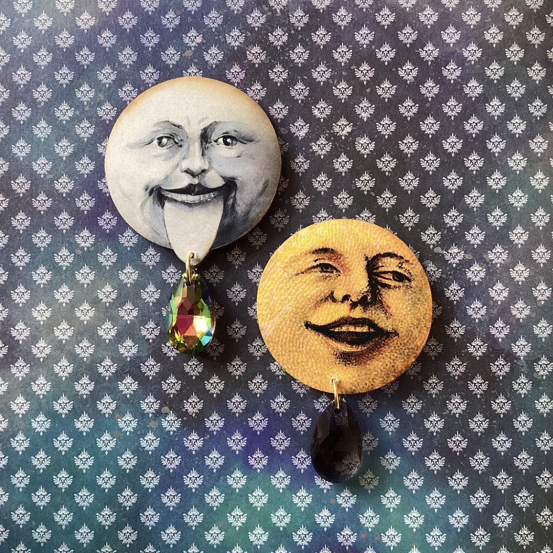 Whimsical Moon Face Pin,statement Moon Face Badge ,moon Face Brooch ...