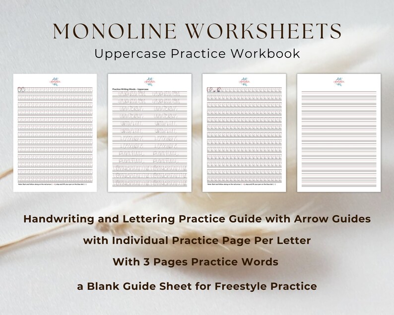 Monoline Lettering Practice Sheets: Uppercase Calligraphy (PDF, PNG) - Etsy