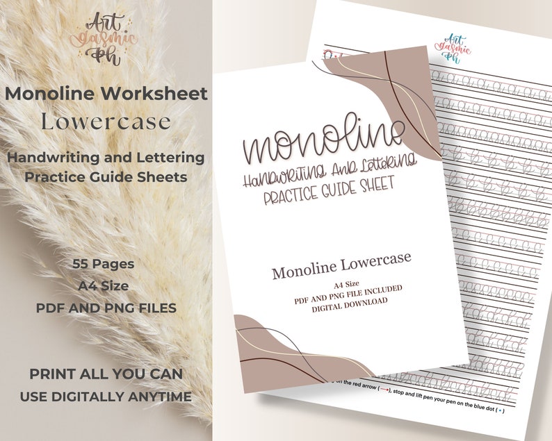 Monoline Calligraphy Practice Worksheet: Lowercase Handwriting (PDF ...