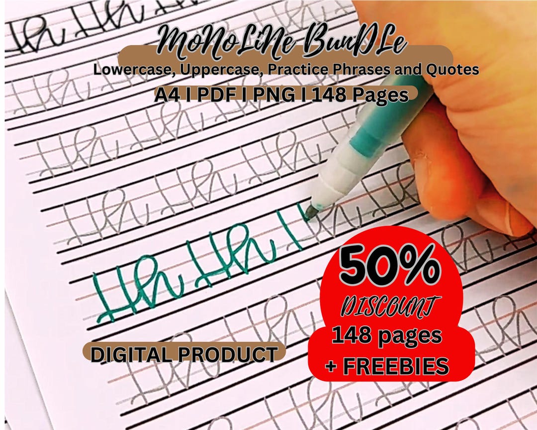 148-pages Monoline Handwriting Lettering Practice Sheets Printable PDF ...