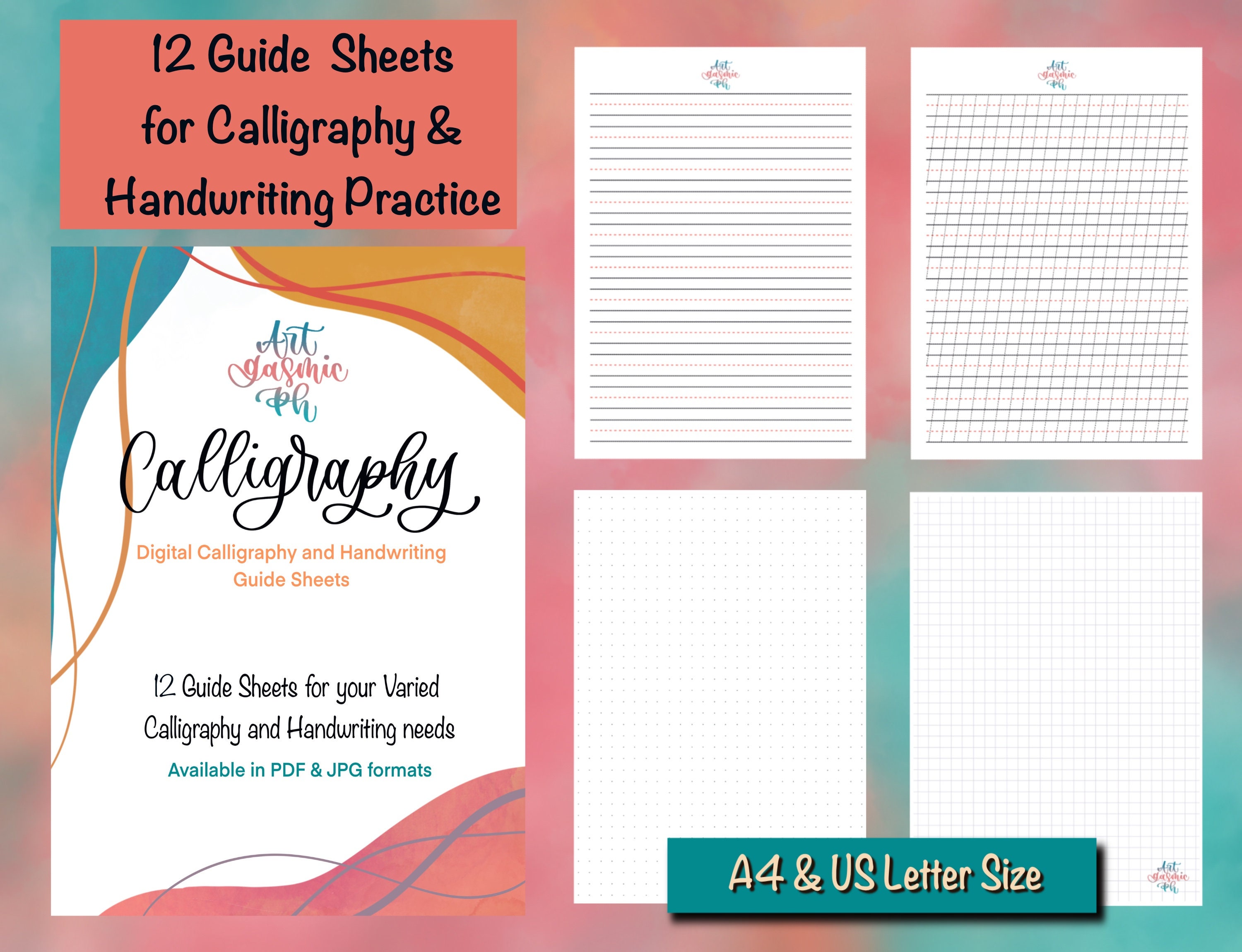 Calligraphy and Handwriting Blank Guide Sheets, 12 Variations, PDF JPG ...