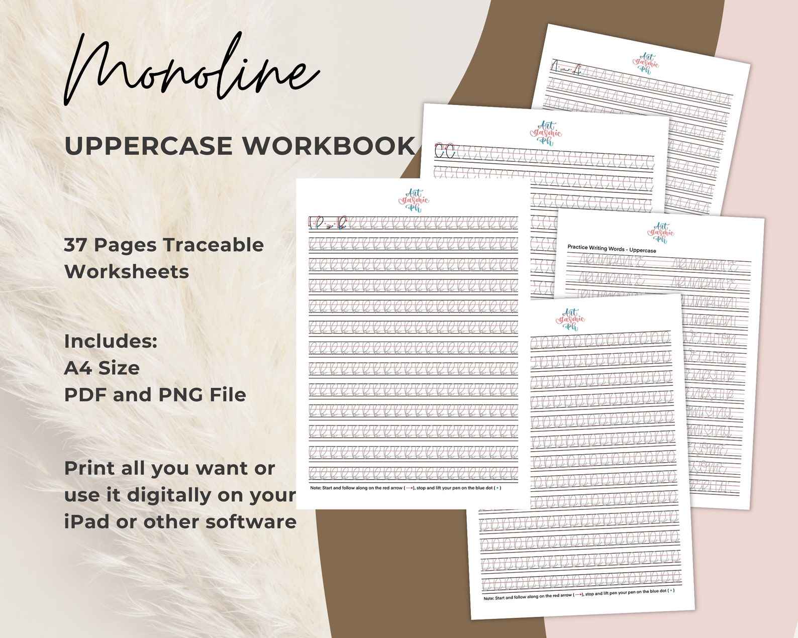 Monoline Lettering Practice Sheets: Uppercase Calligraphy (PDF, PNG) - Etsy