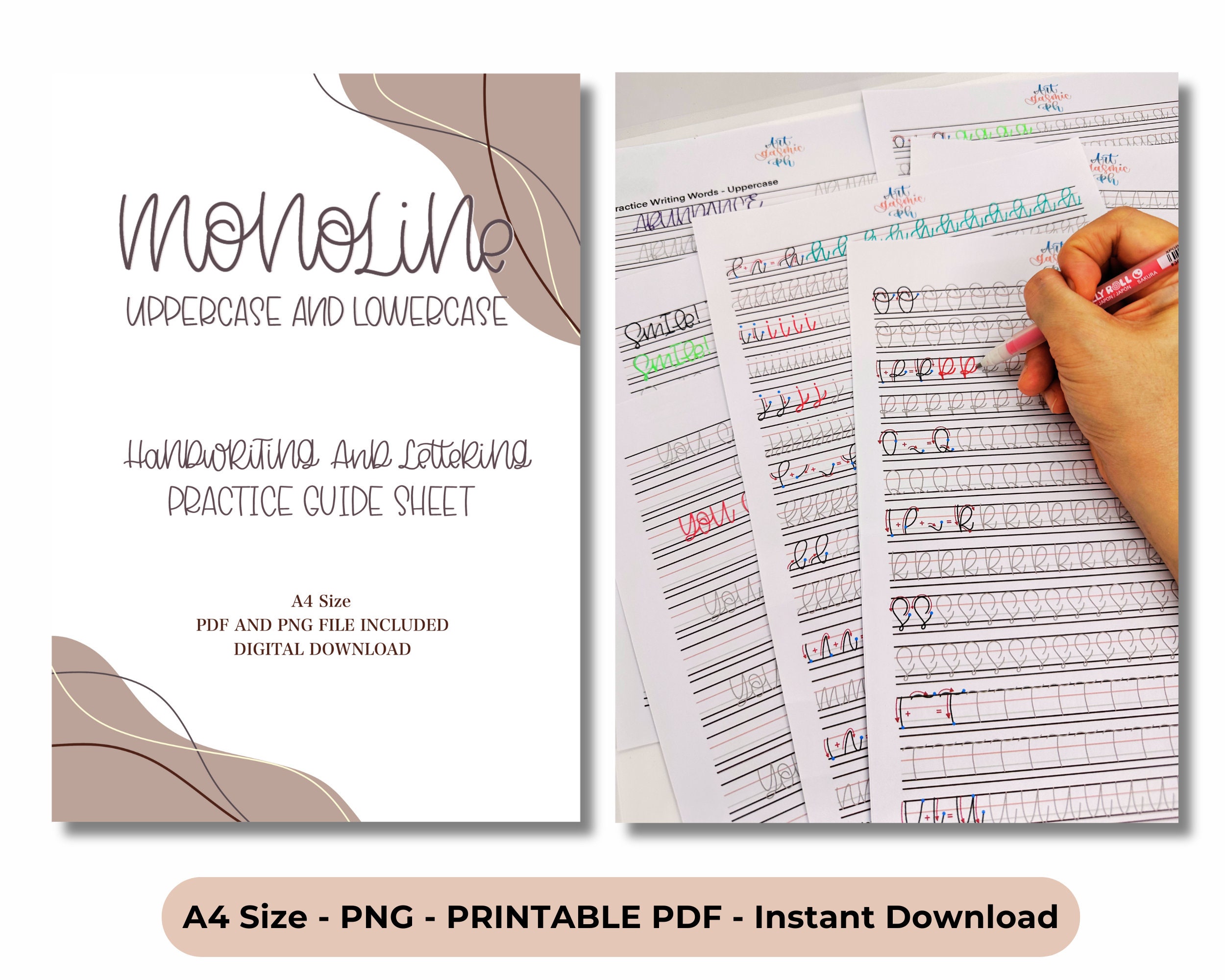 Monoline Lettering Practice Sheets: Calligraphy Workbook (PDF & PNG) - Etsy