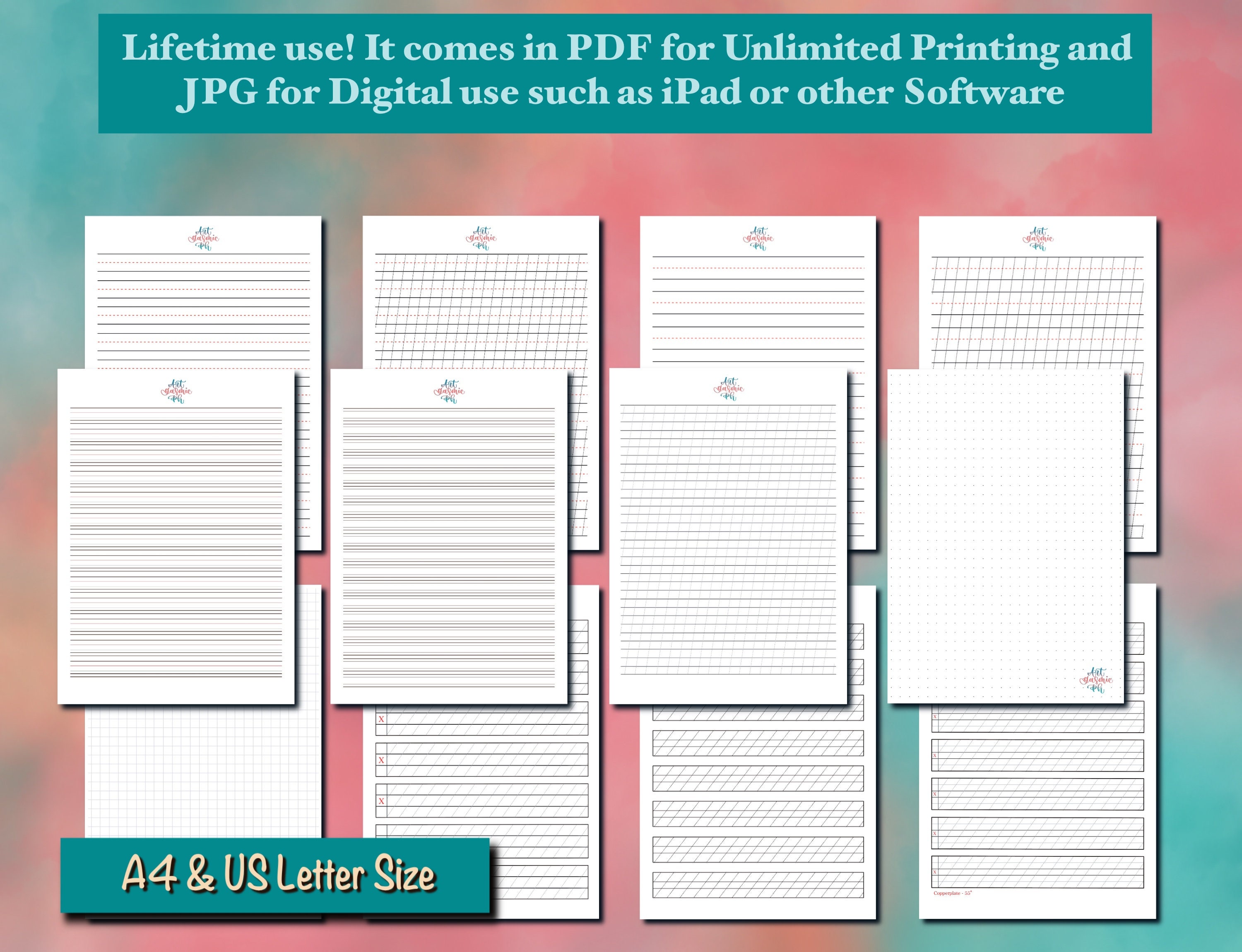 Calligraphy and Handwriting Blank Guide Sheets, 12 Variations, PDF JPG ...