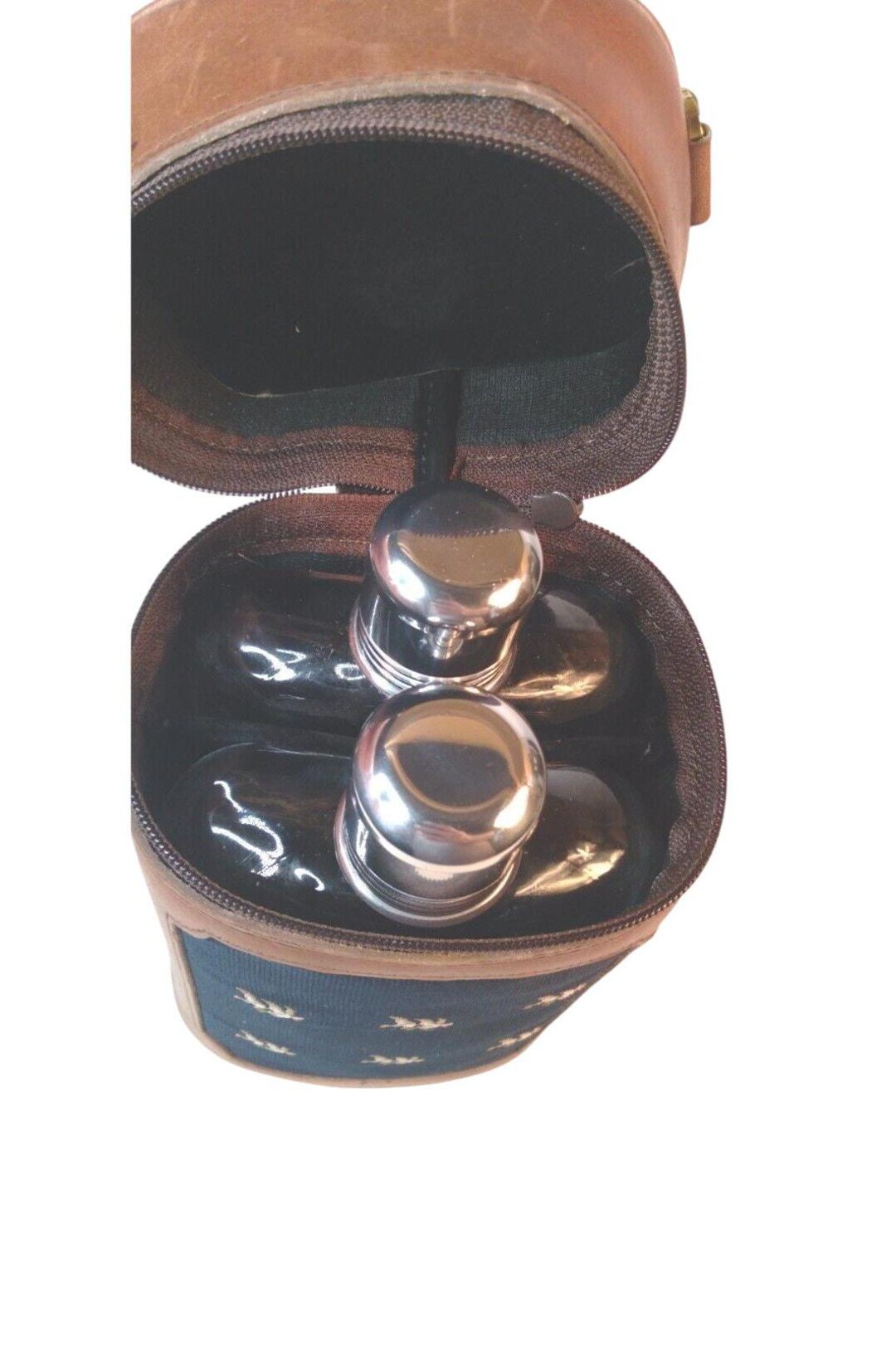 Vintage Double Flask Quality Leather Carrying Case Ducks Fowl ...
