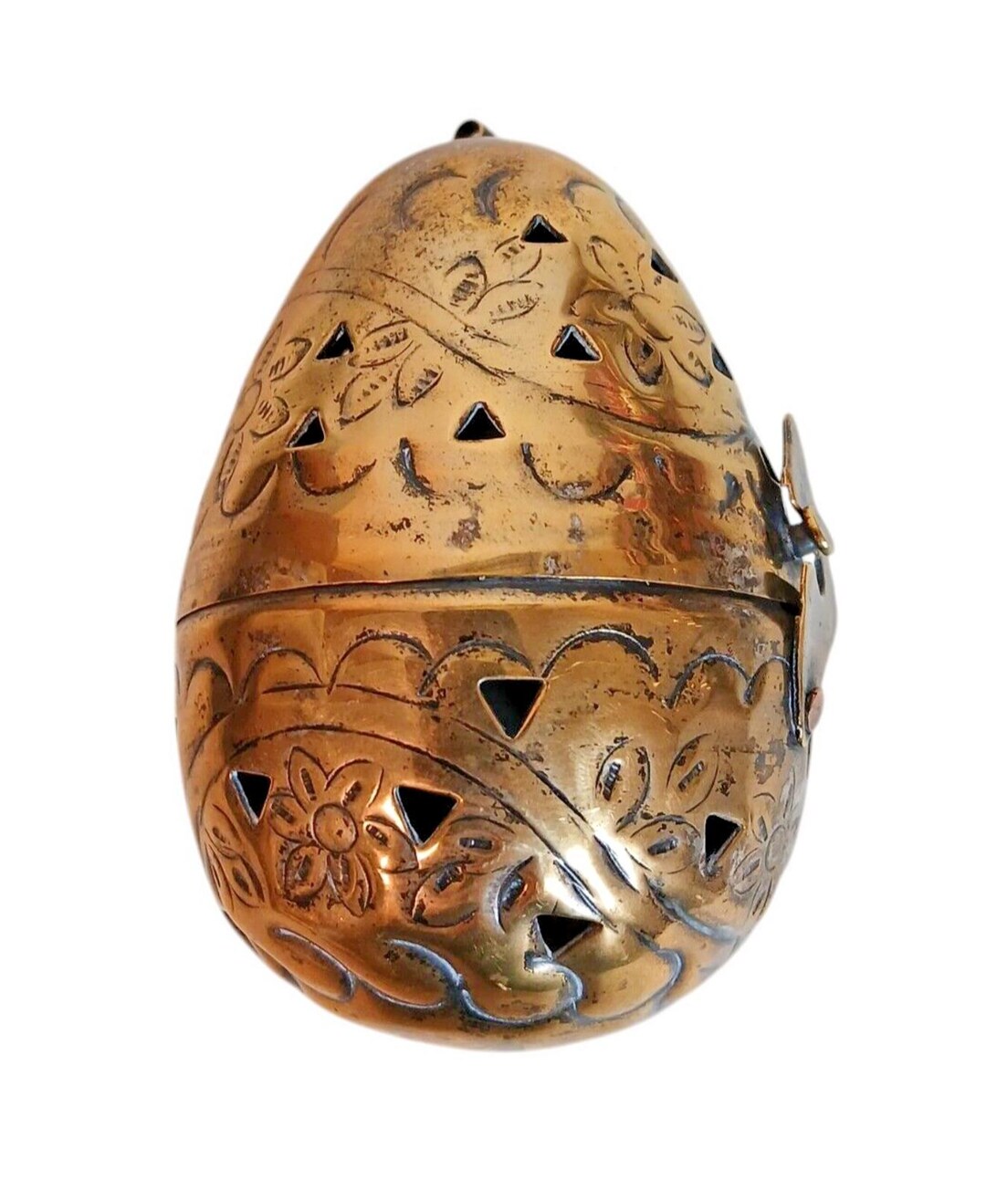 Vintage Brass Metal Floral Filagree Egg Hanging Ornament Side Clasp No ...