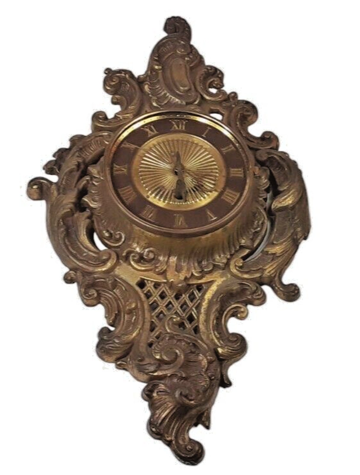 Vintage Heavy Brass Metal Wall Clock & Key French Styled Scroll Design ...