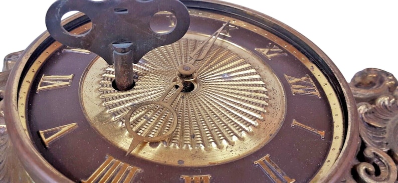 Vintage Heavy Brass Metal Wall Clock & Key French Styled Scroll Design ...