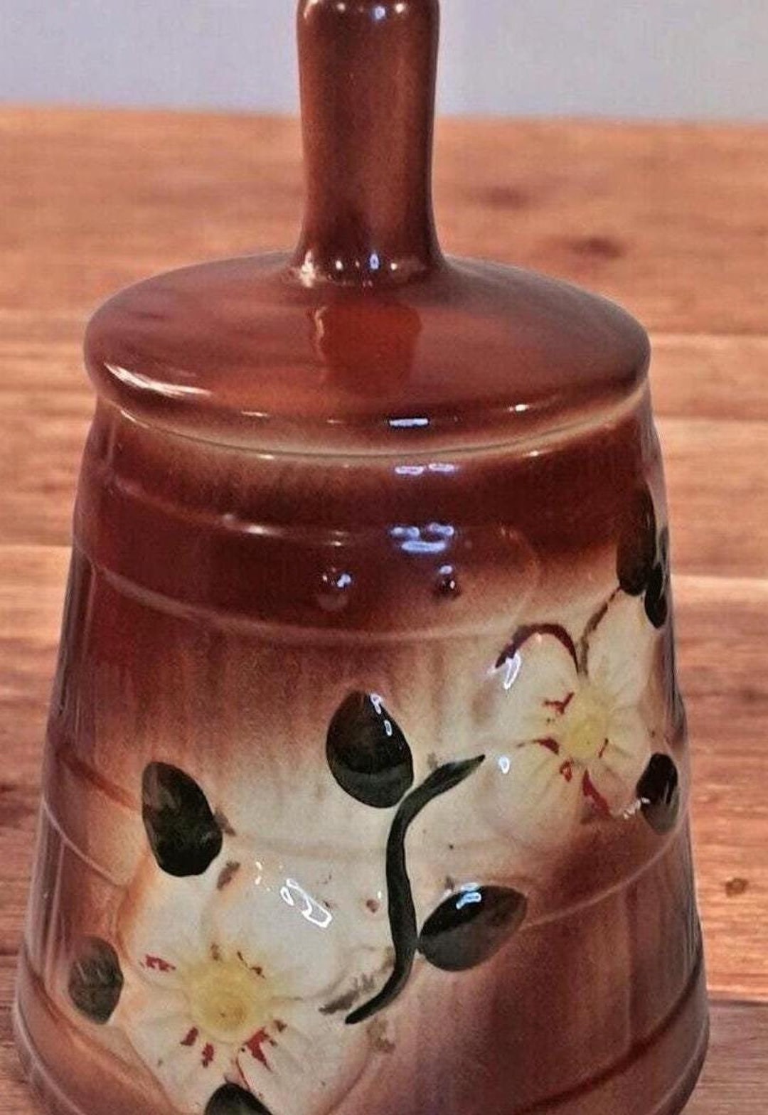 Vintage 1940's Mccoy Ceramic Brown & Floral Butter Churn Cookie Jar ...