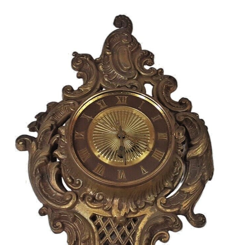 Vintage Heavy Brass Metal Wall Clock & Key French Styled Scroll Design ...