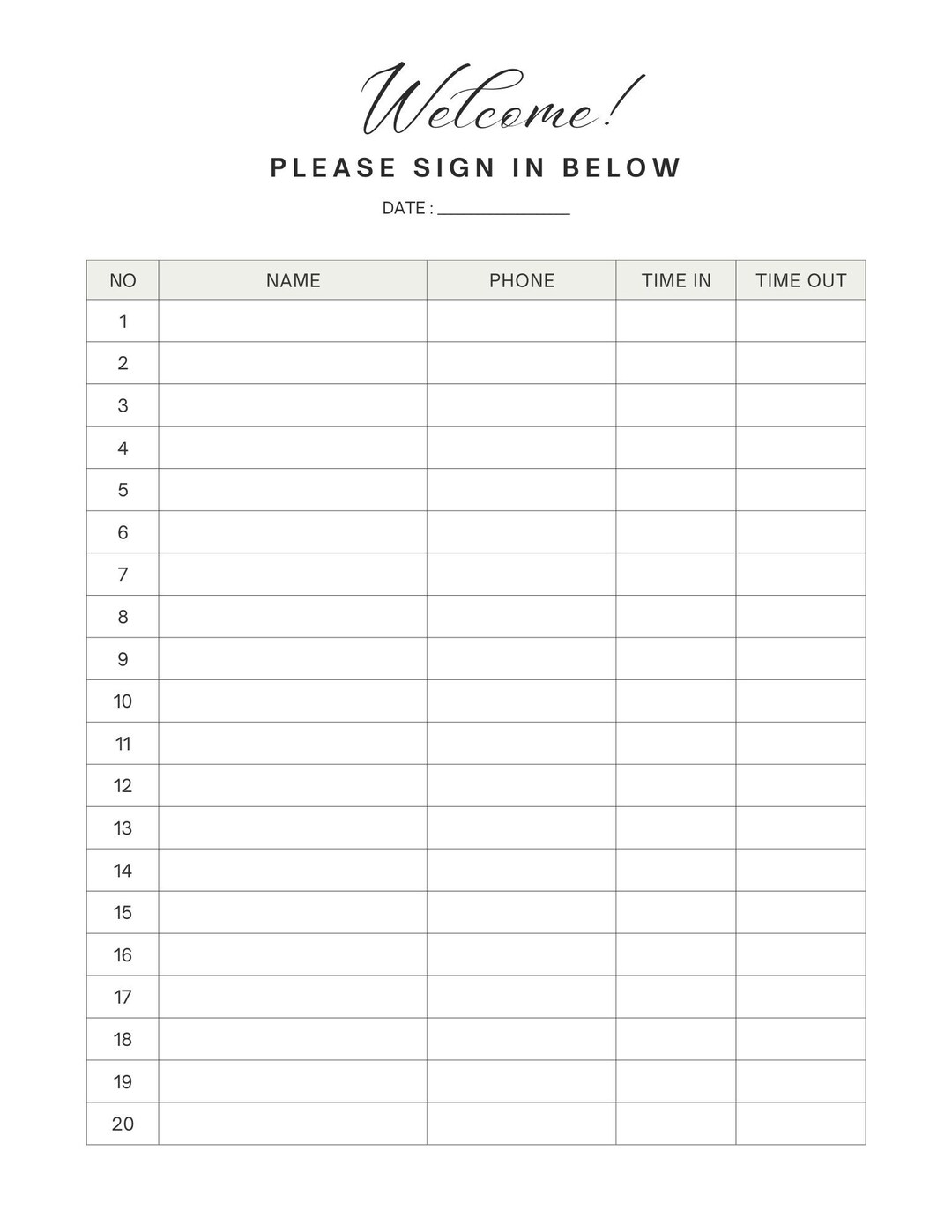White Minimalist Daily Sign in Sheet Planner, Sign-in Sheet, Realtor ...