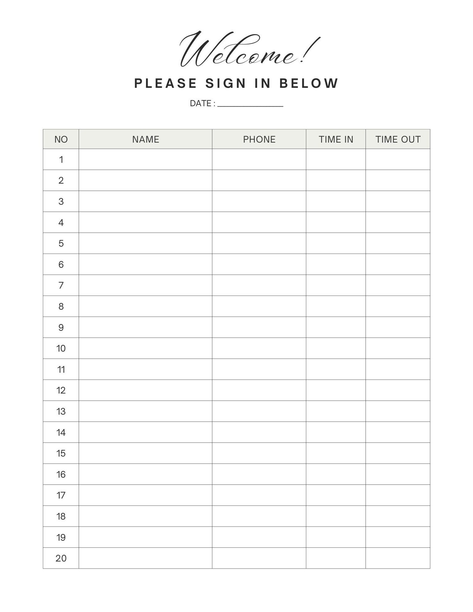 White Minimalist Daily Sign in Sheet Planner, Sign-in Sheet, Realtor ...