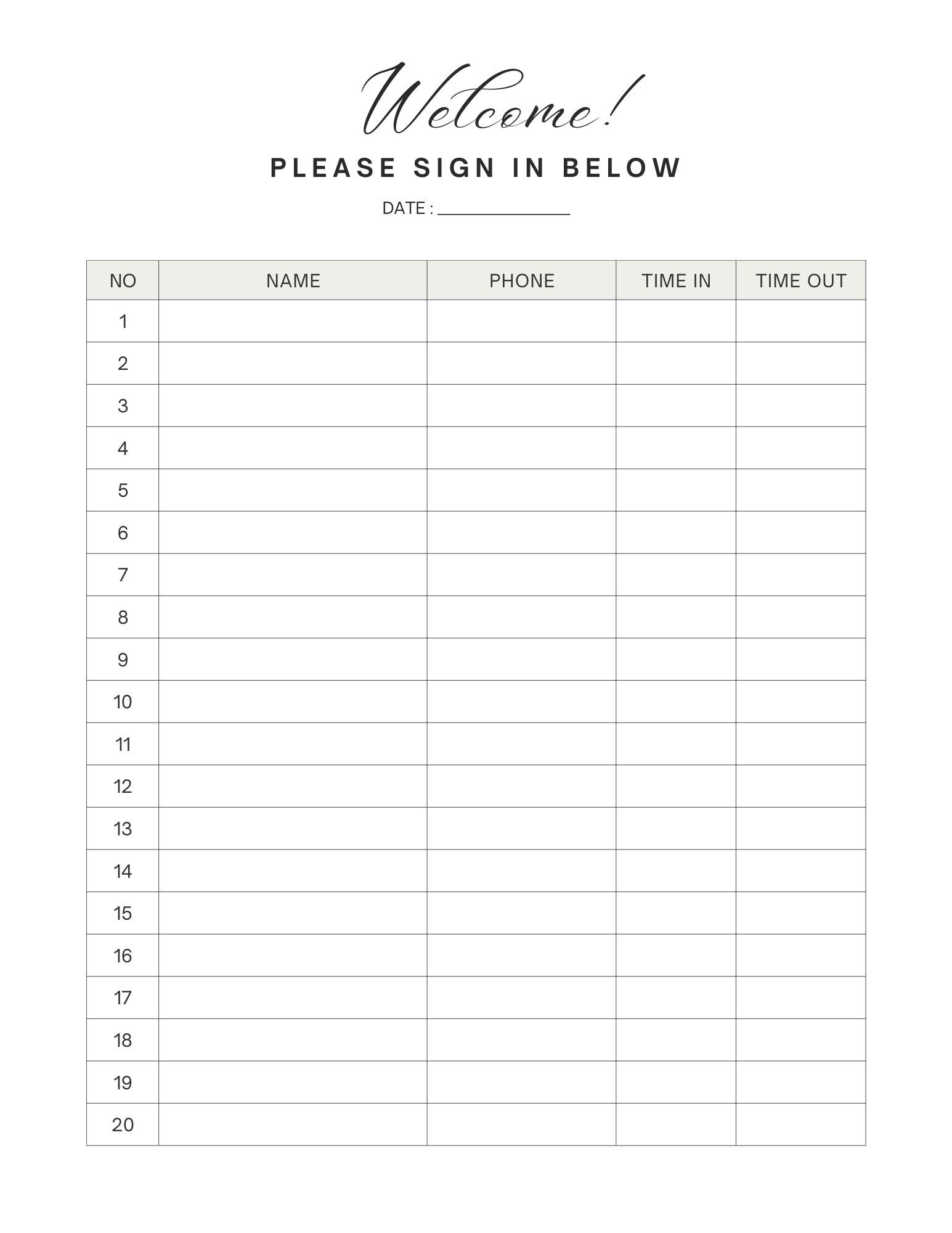White Minimalist Daily Sign in Sheet Planner, Sign-in Sheet, Realtor ...