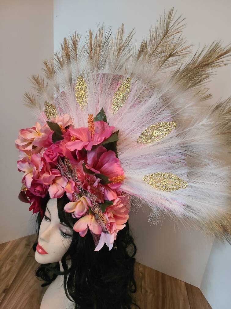 Fan and Flower Headdress Pink Headpiece - Etsy