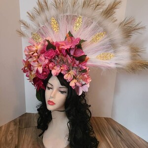 Fan and Flower Headdress, Pink Headpiece - Etsy