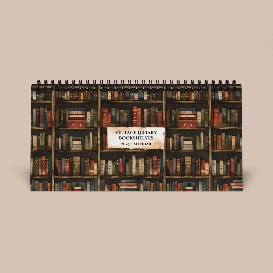 Vintage Library Bookshelves Desktop Calendar 2025, Home Decor, Book ...