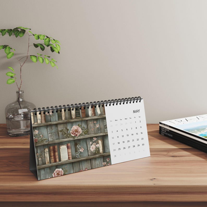 Shabby Chic Bookshelf 2026 Desktop Calendar, Floral Bookish Calendar ...