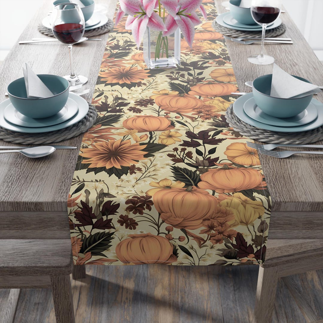 Autumn Table Runner With Pumpkins, Leaves & Flowers, Cottagecore ...